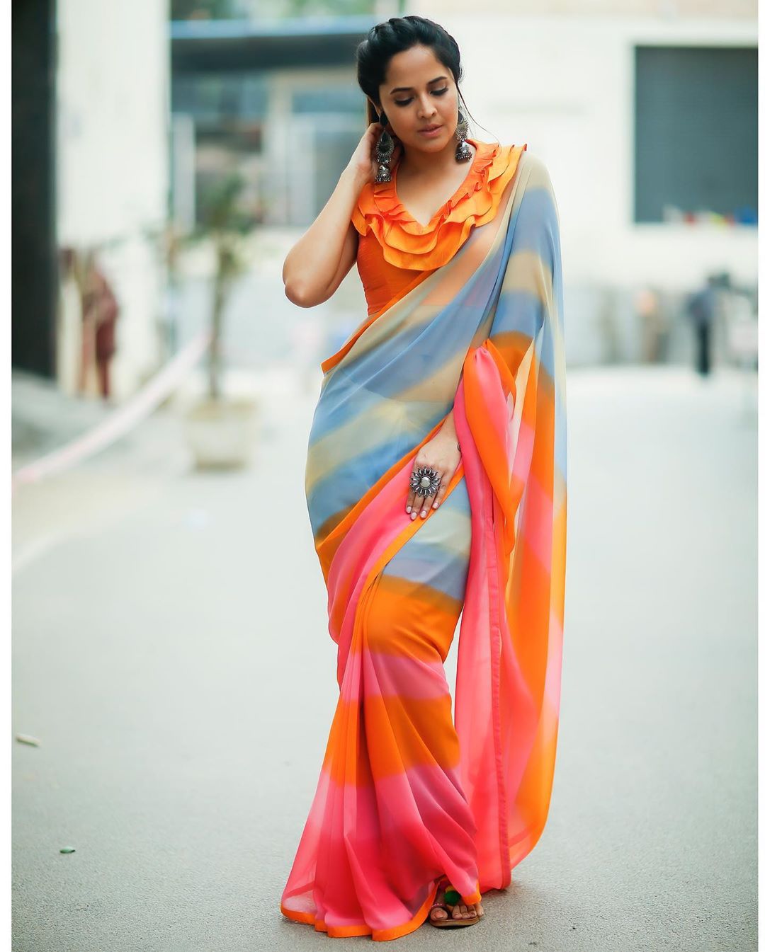 Anasuya Bharadwaj Hot Look In Silk Saree And Orange Blouse