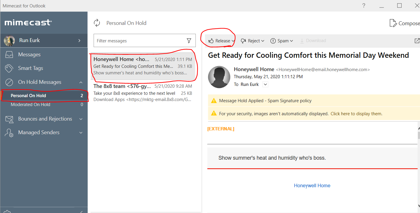 MimeCast Main Screen