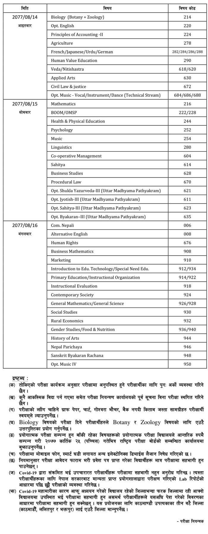 NEB Grade 12 exam routine 2077 BS
