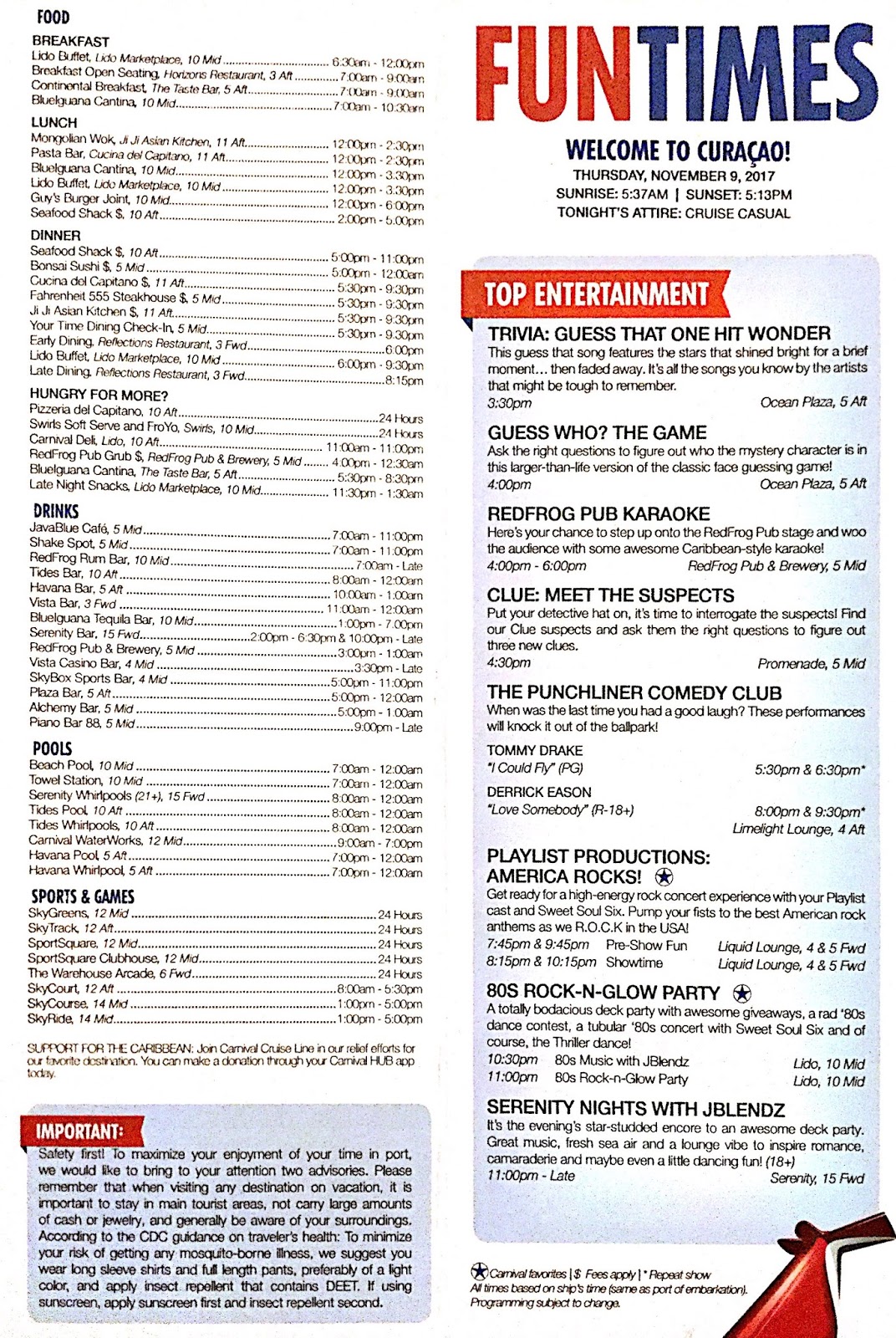 Carnival Vista Fun Times- Wednesday and Thursday (11/8 and 11/9)