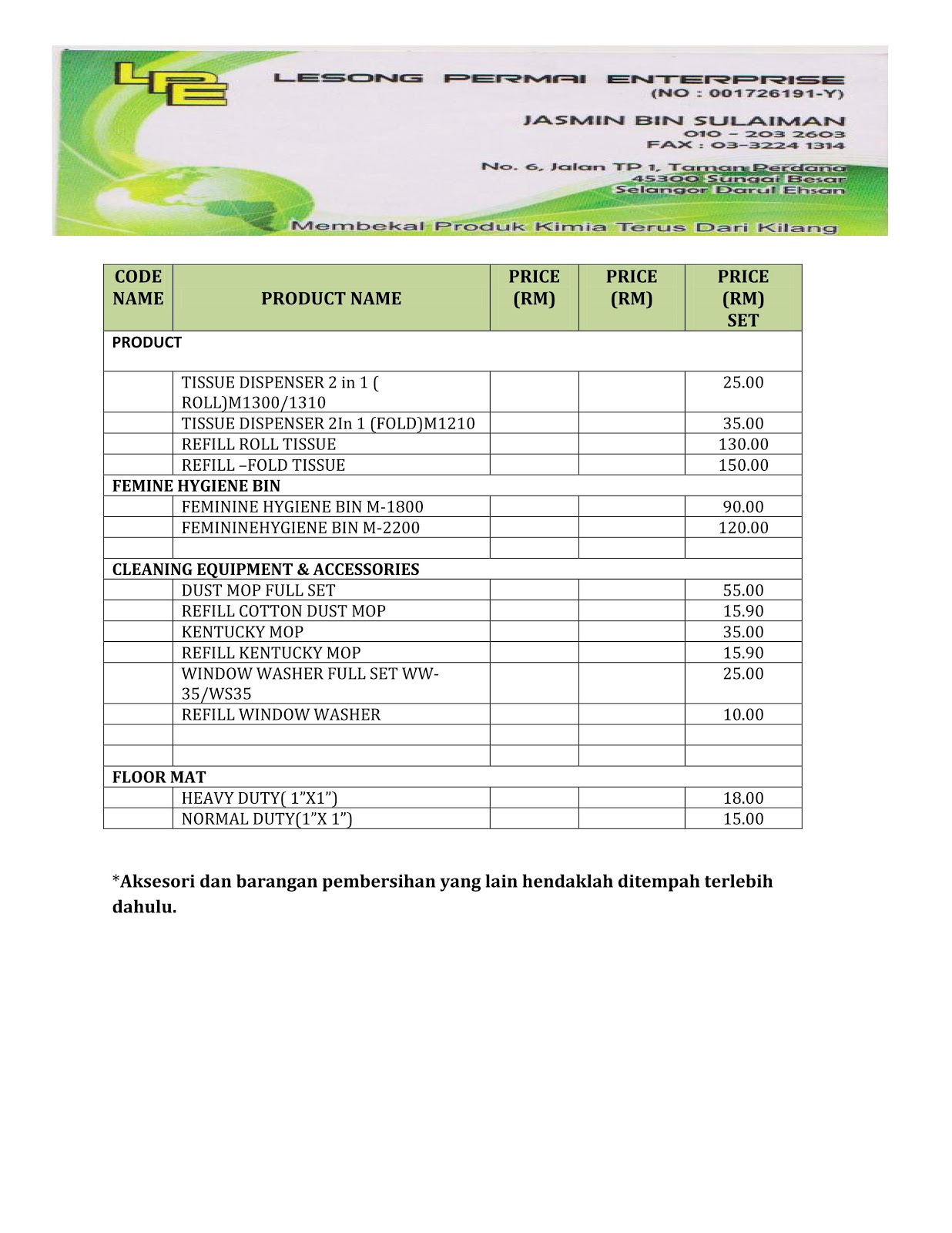 Lesong Permai Enterprise: Senarai Harga Barang