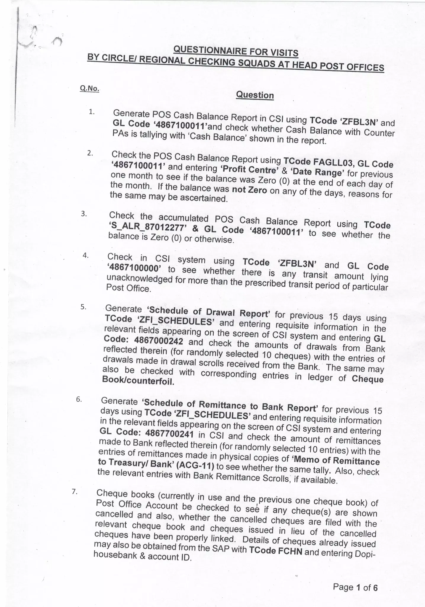 Questionnaire for visits by Circle/Regional Checking Squads ...