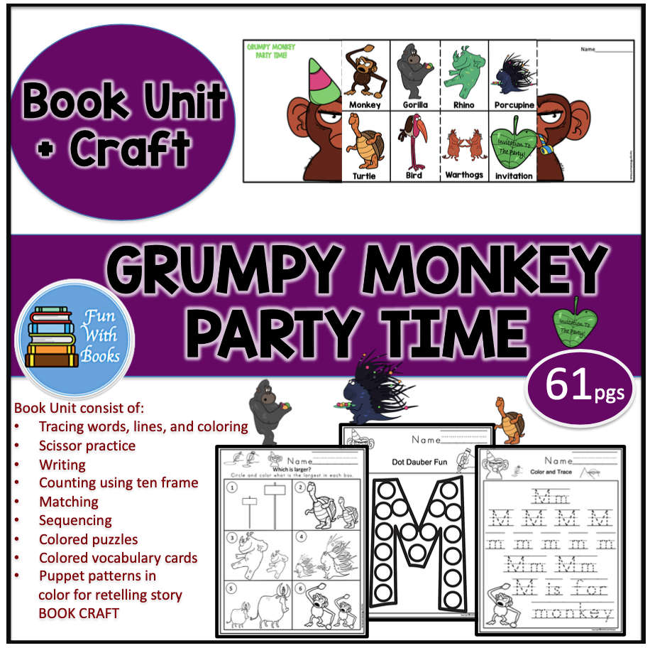 GRUMPY MONKEY PARTY TIME! BOOK UNIT AND CRAFT ~ Book Units by Lynn