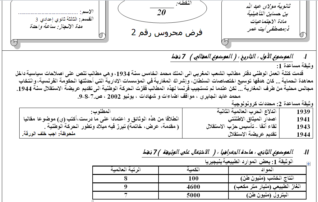 النموذج الرابع الفرض الكتابي الثاني في مادة الإجتماعيات رقم 2 الدورة