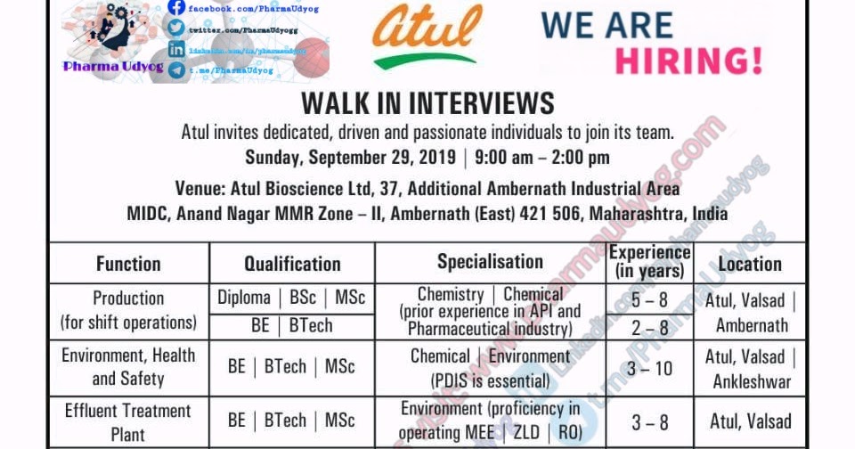 Atul Pharma | Walk-in at Ambernath for Prod-QC-QA-EHS-R&D on 29 Sept 2019 | Pharma Jobs in ...