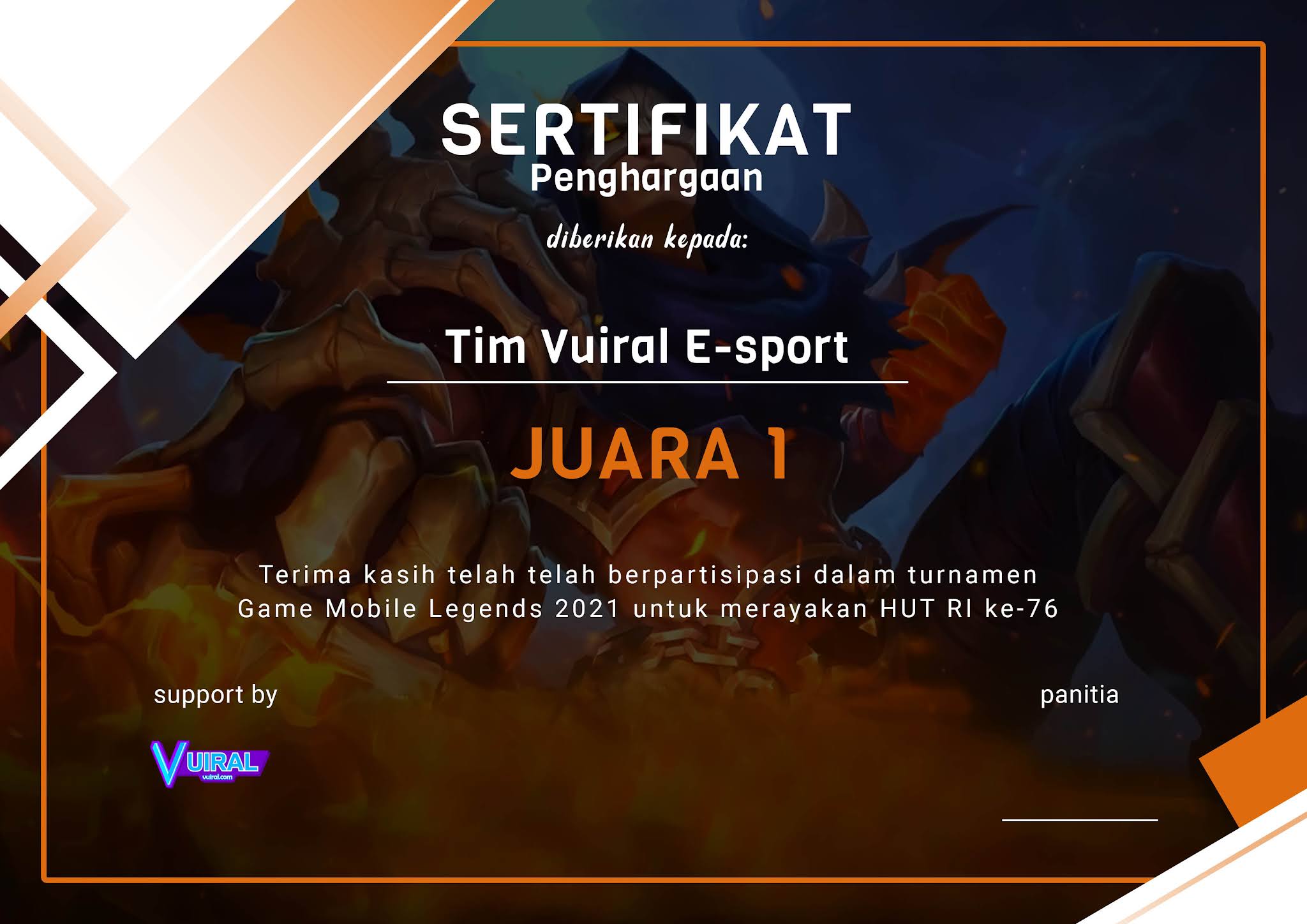 Sertifikat Juara Mobile Legend - Perumperindo.co.id