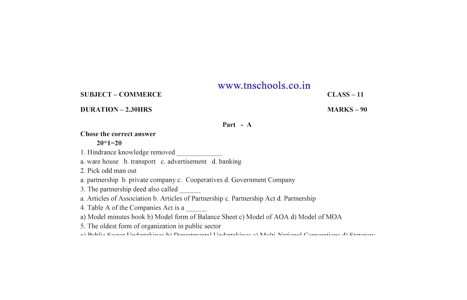 11th Std Commerce Public Exam Model Question Paper (English Medium) - 2020