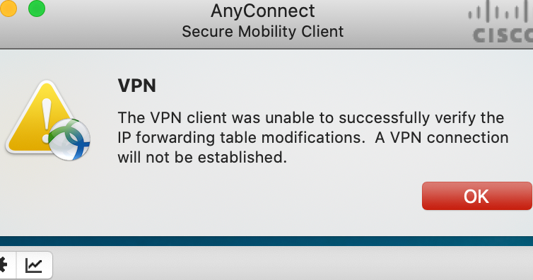 MacOS: AnyConnect VPN client was unable to successfully verify the IP forwarding table ...