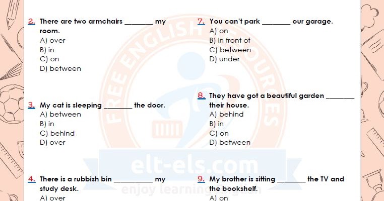 Prepositions of place multiple choice tests | www.elt-els.com