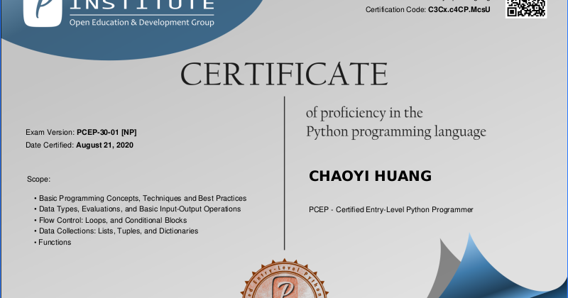 Alex Huang's Blog: [certificate]Python PCEP Certificate