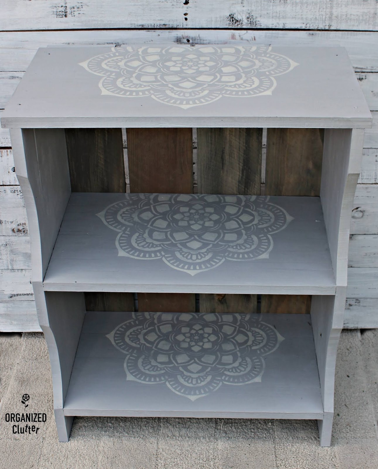 Up-cycled Open Book Shelf with Stencils & Fence Boards - Organized Clutter