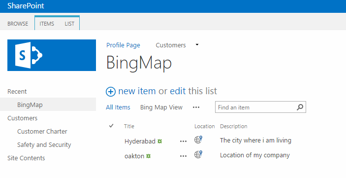Creating a map view from the SharePoint UI using the Geo location field.