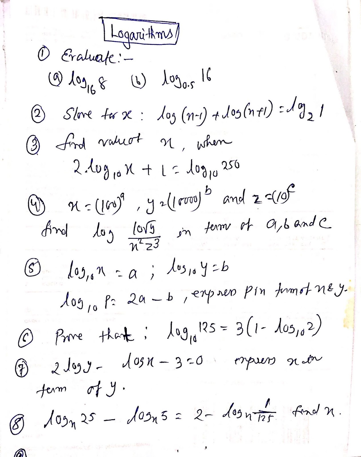 Update Ans Class 9 Logarithm Important Question Set 1
