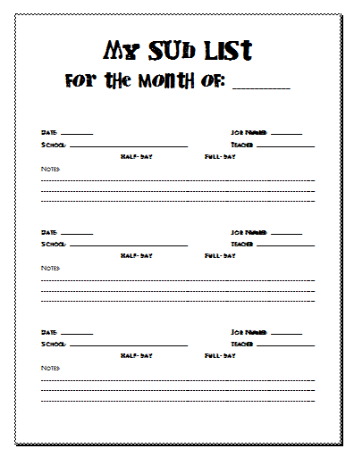 My Sub List FREEBIE - SSSTeaching