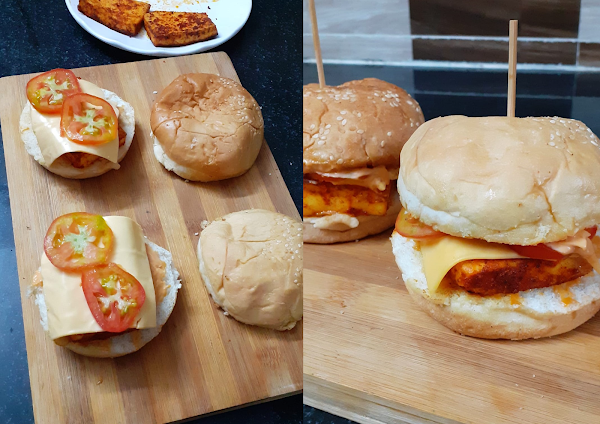 Spicy Paneer burger | Quick paneer burger | Paneer burger recipe ...