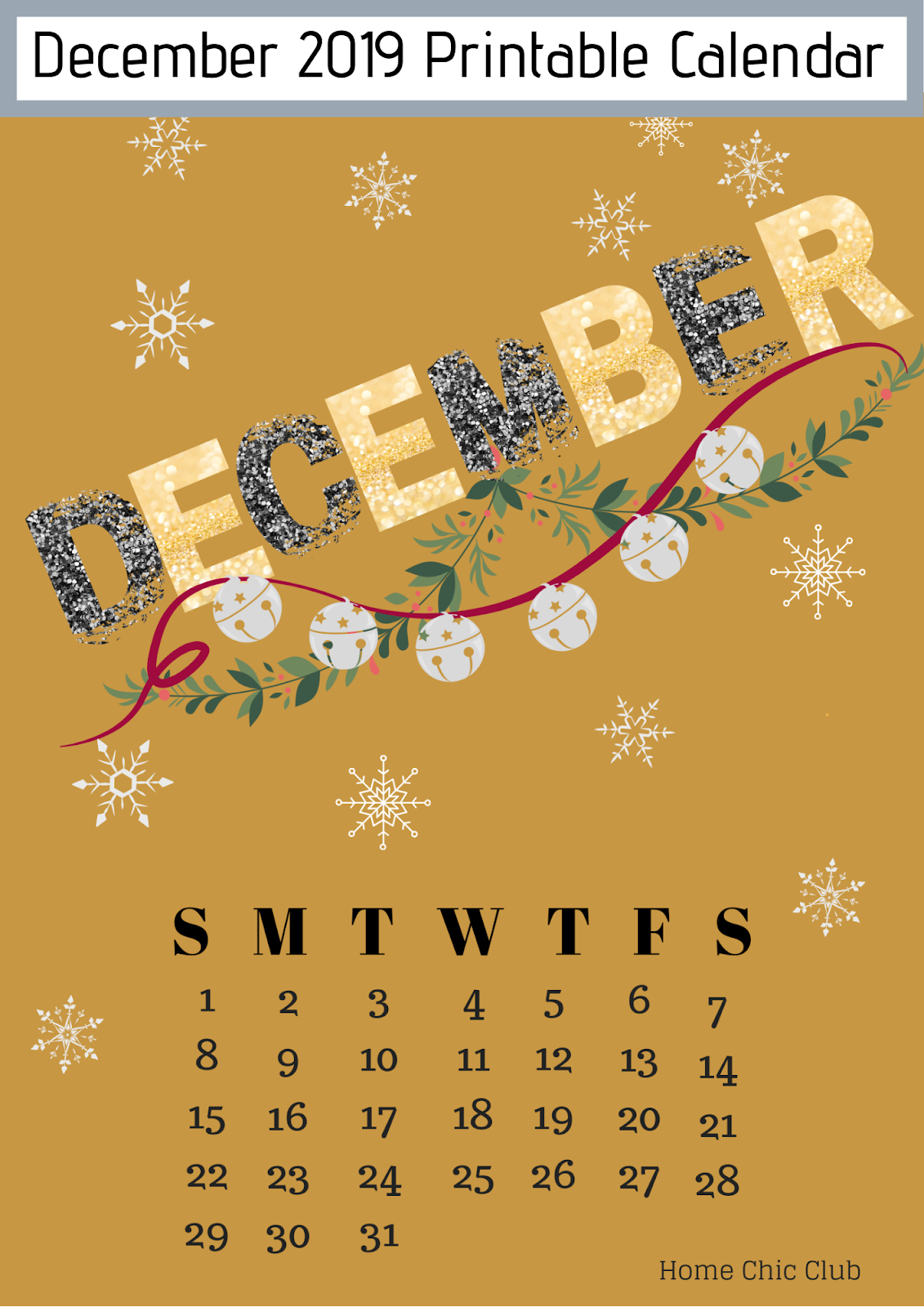December 2019 Printable Calendar | Home Chic Club: December 2019 ...