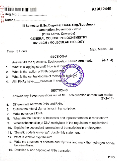 Kannur University B.Sc.Biochemistry 3A12BCH : MOLECULAR BIOLOGY ...