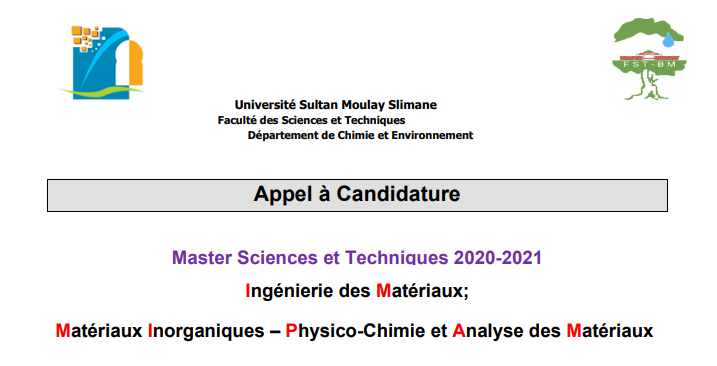 Master en Ingénierie des Matériaux à la FST Béni Mellal 2020-2021