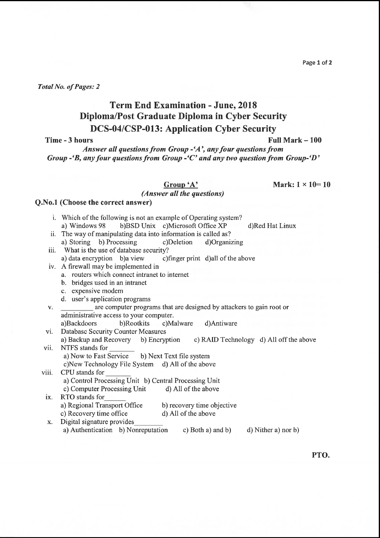 OSPU DCS CSP Application Cyber Security June 2018 Question Paper ...