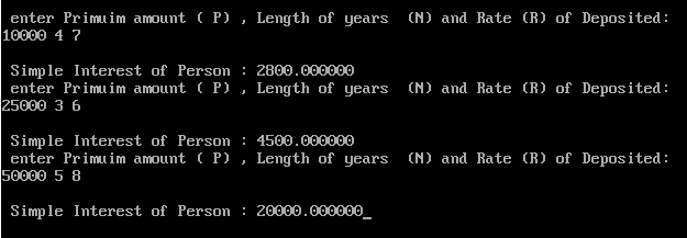 5) Write a program to calculate Simple interest for three different ...