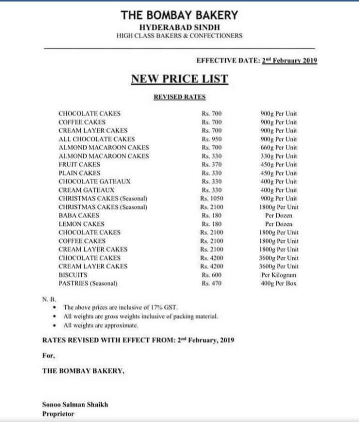 The Bombay Bakery increased all products prices
