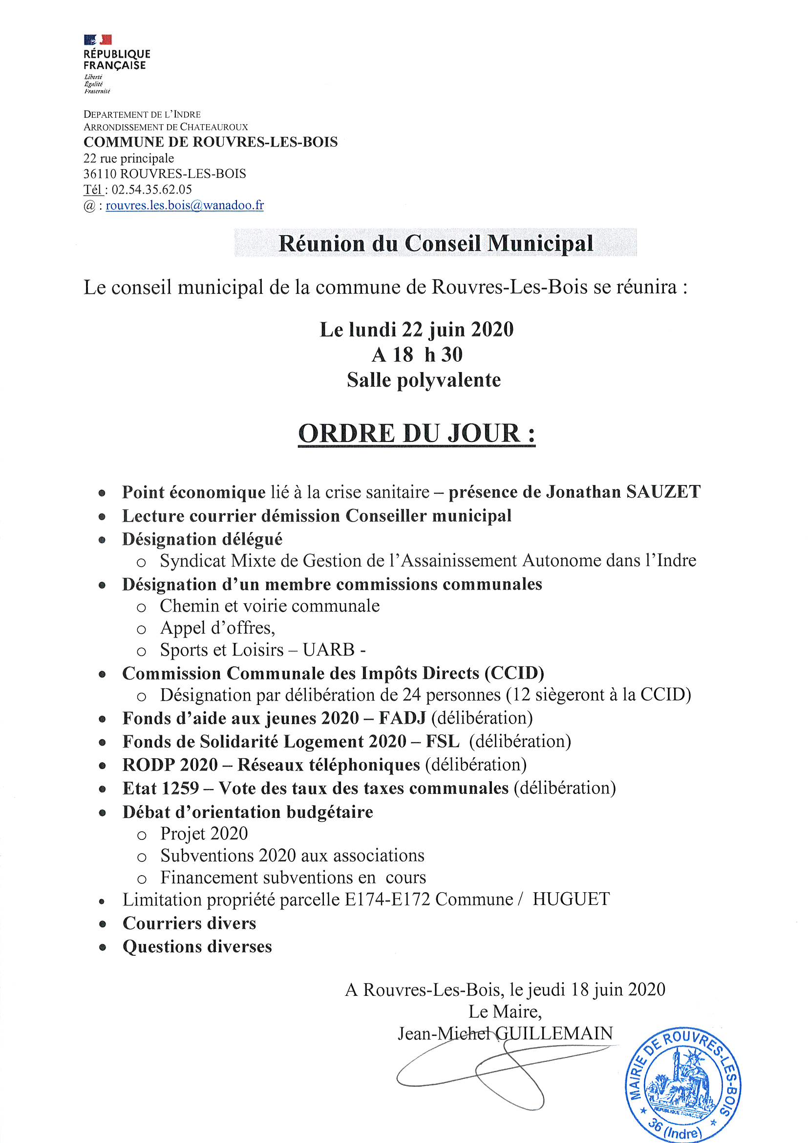MAIRIE DE ROUVRES-LES-BOIS: Convocation réunion du conseil municipal