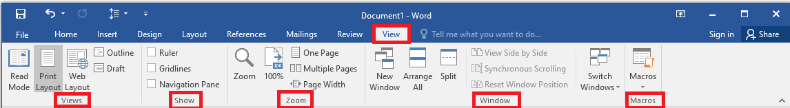 MS Office Word 2016 View Tab, Views, Show, Zoom, Window, Macros