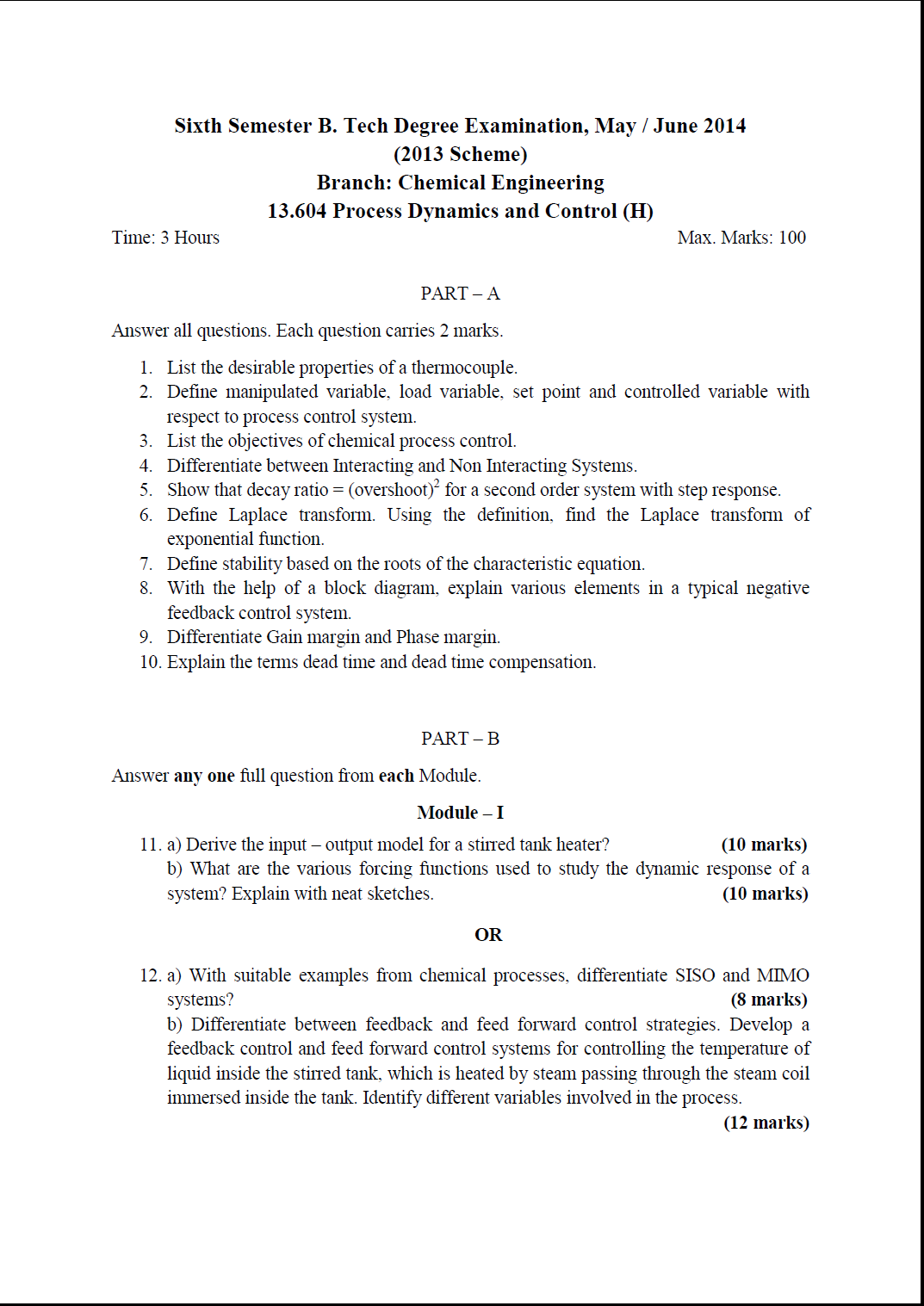 Kerala University B Tech Process Dynamics and Control (H) May / June ...