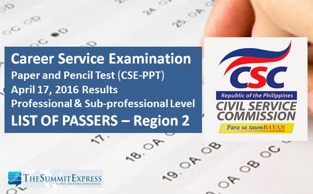 List of Passers: Region 2 Civil Service Exam (CSE-PPT) results April 2016