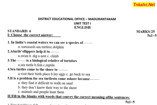 6th Standard - Unit Test 1 - English - Tnkalvi .net