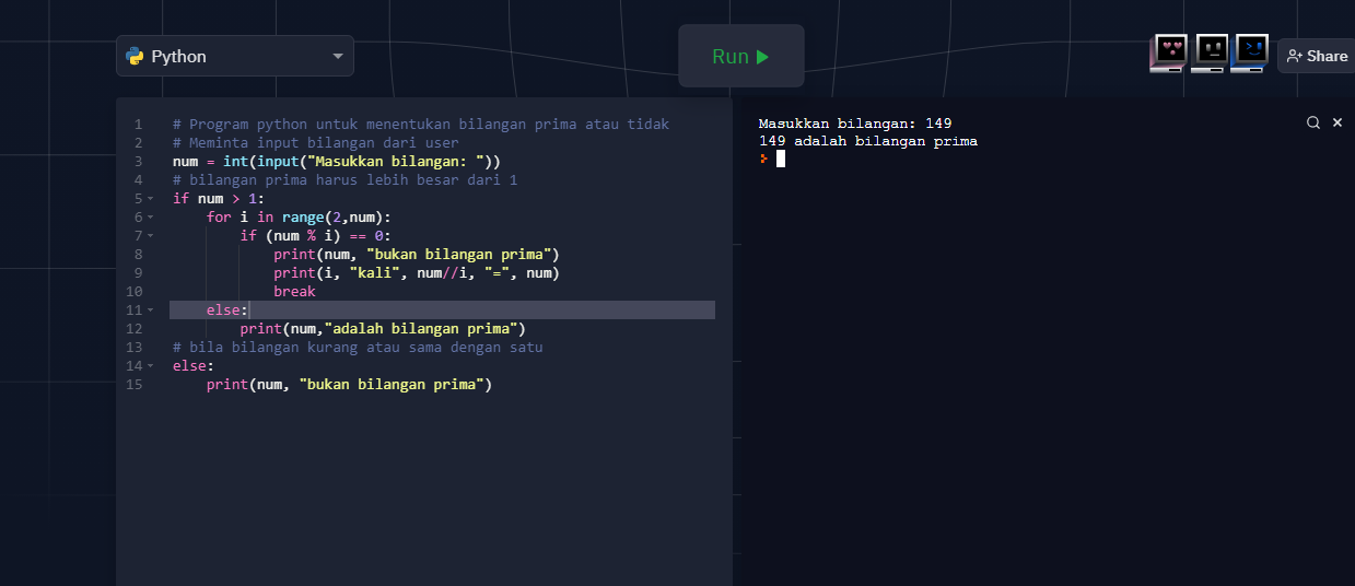 Mengecek Bilangan Prima Atau Tidak pada bahasa pemrograman Python