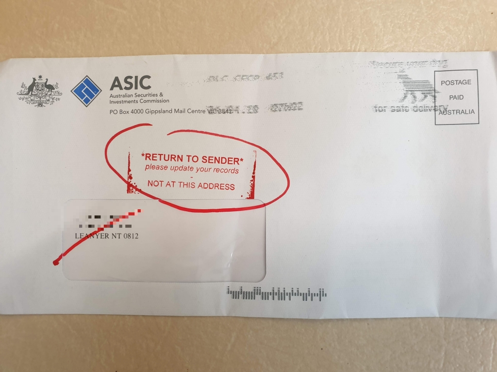 Repeated "Return To Sender" from PO Box 4000 Gippsland Mail Centre Vic ...