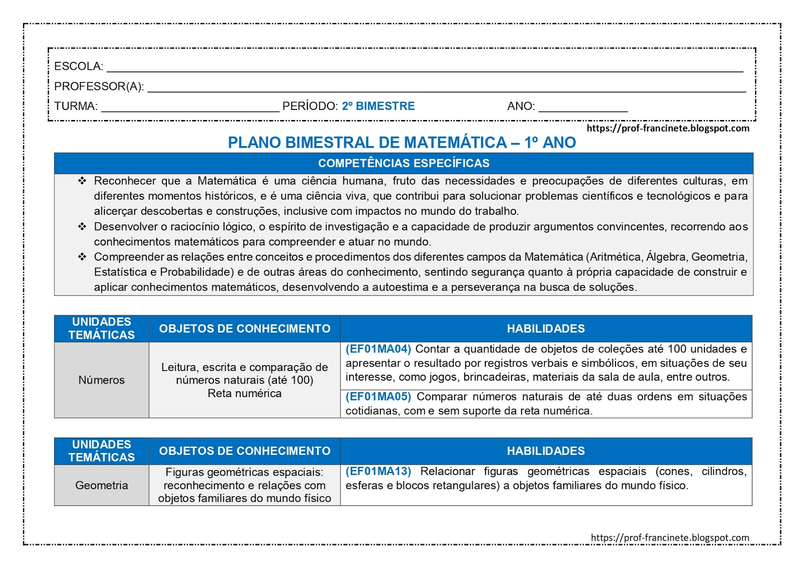 Prof Francinete Gomes Plano De Matemática Alinhado à Bncc 1º Ano 2º