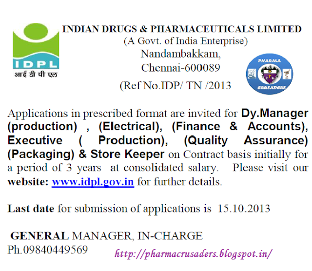 PHARMA CRUSADERS: IDPL Job Openings in Production, Quality Assurance ...
