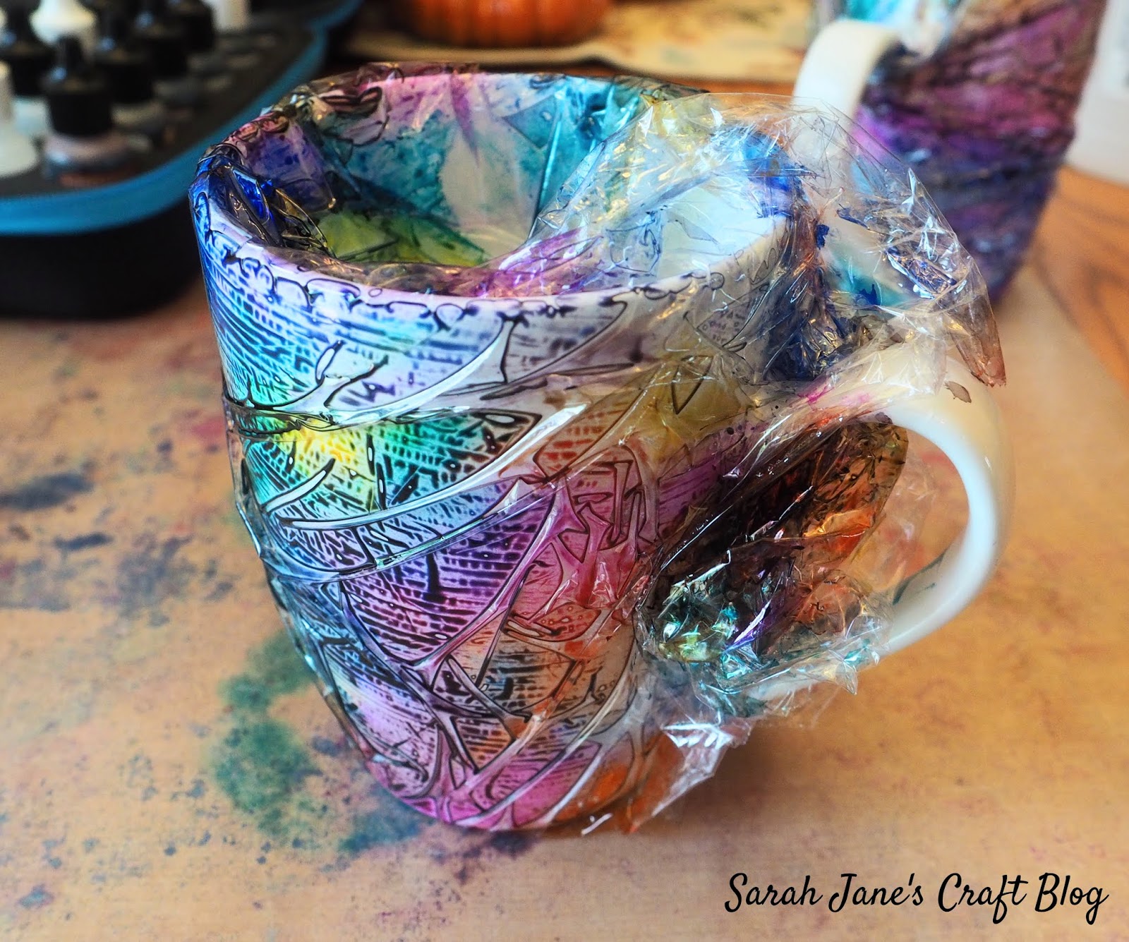Plastic Wrap Alcohol Ink on Mugs