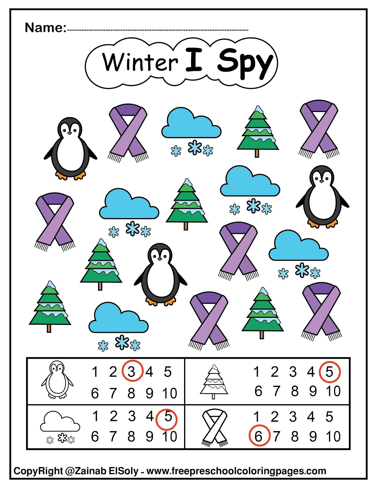 set of Winter "I Spy" coloring pages game - easy level