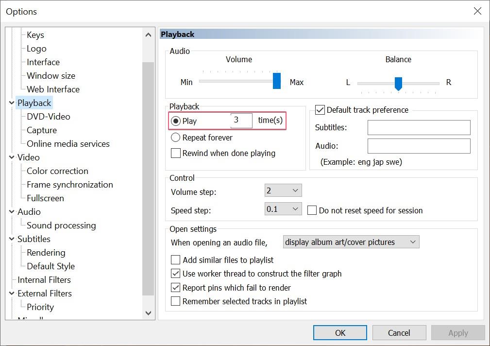 MPC BE Player and Playback tab settings Guide