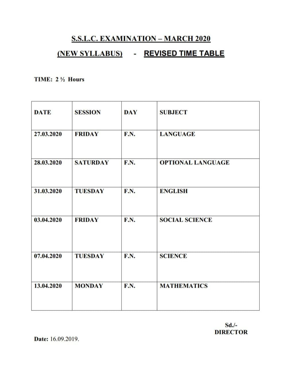 10th STD Public Exam Revised Time Table 2020