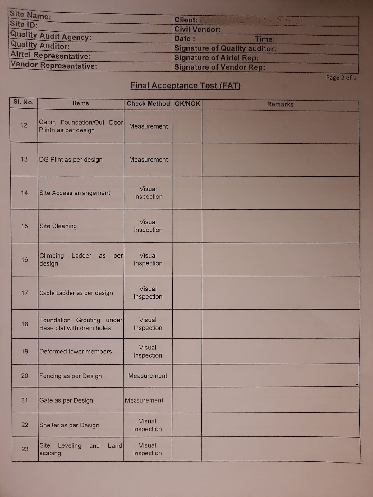 FINAL ACCEPTANCE TEST (QUALITY TEST) FOR TELECOMMUNICATION TOWERS