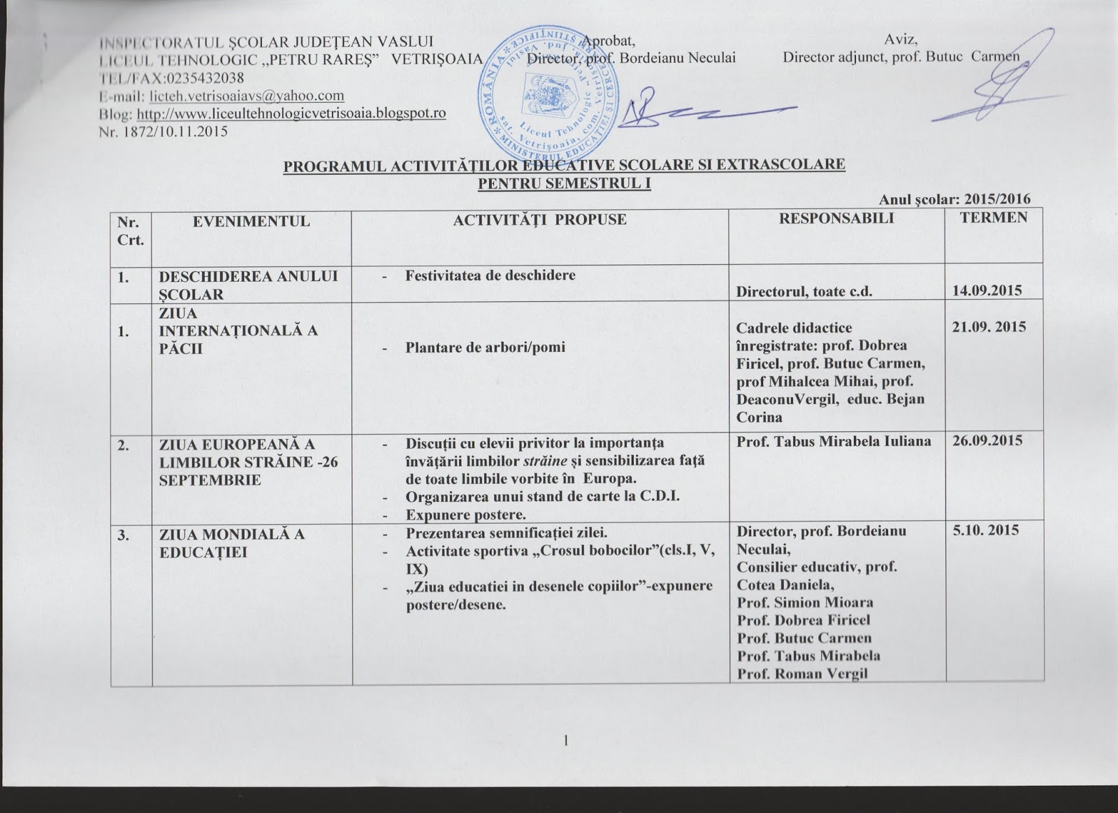 Programul activităților educative scolare si extrascolare pe sem.I ...