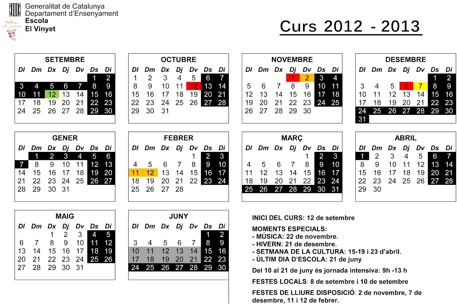 CALENDARI ESCOLA EL VINYET CURS 2012-2013 ~ AMPA ESCOLA EL VINYET
