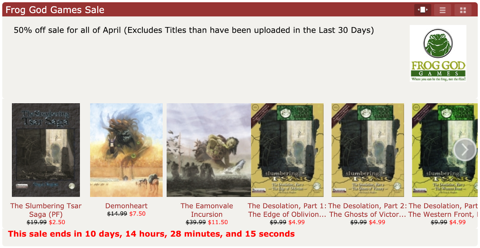 Tenkar's Tavern: Frog God Games 50% Off Nearly All PDFs