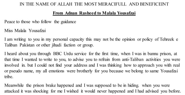 Emerald: Read the letter by Taliban Leader to 16 year old Malala ...