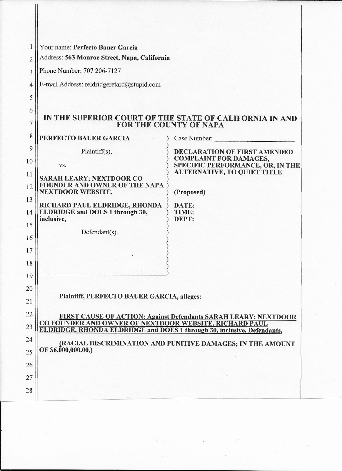 In Pro Per Plaintiff's VS Defendants City of Napa Building Inspectors ...