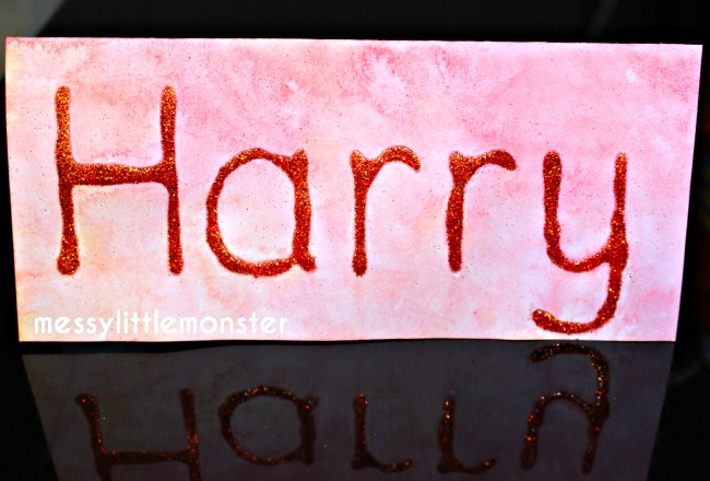 Name Writing Activity using Glitter Glue - Messy Little Monster