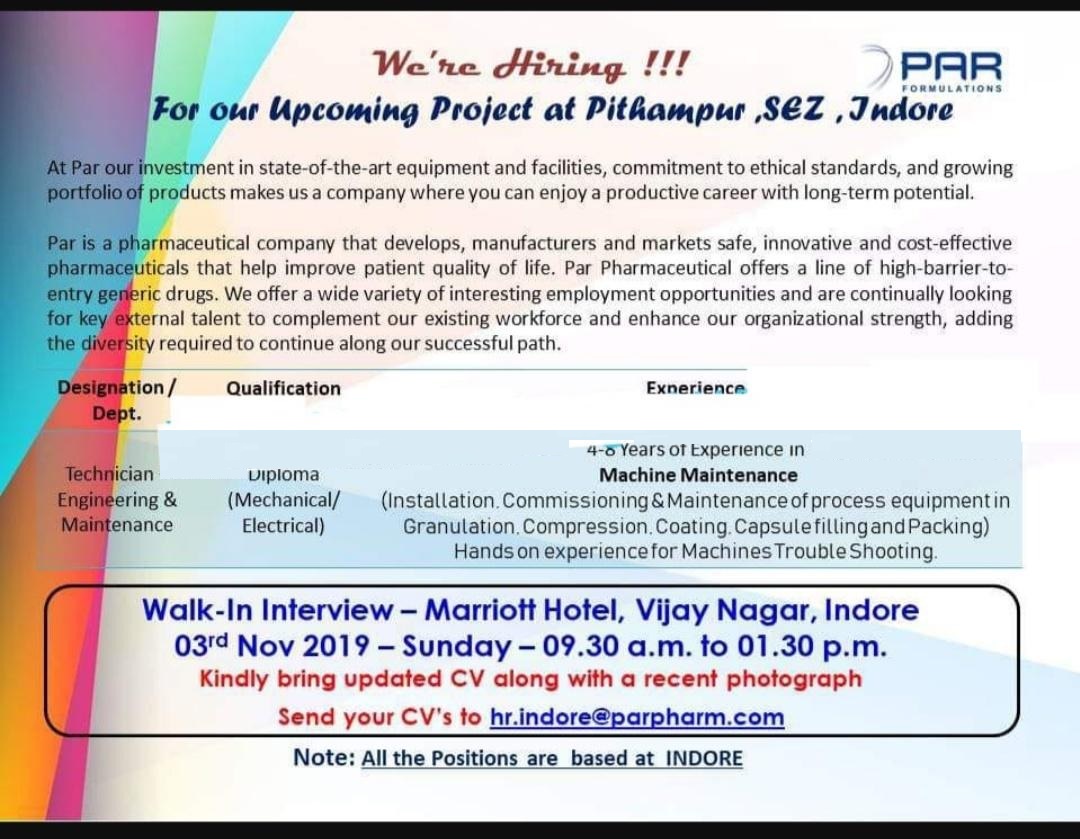 PAR Formulations - Walk-In Interviews for Engineering & Maintenance on ...