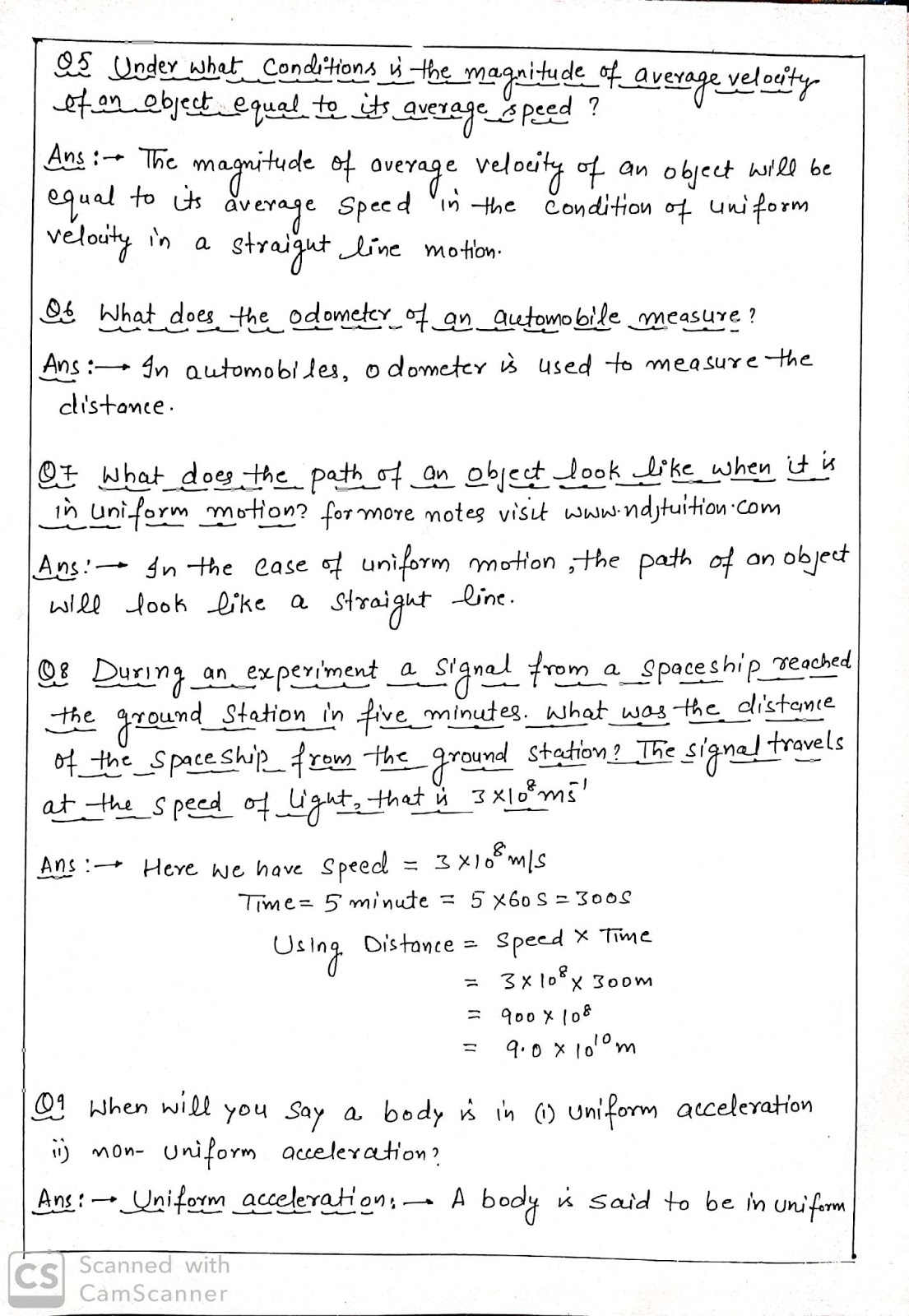 Motion Handwritten Notes for Class 9th