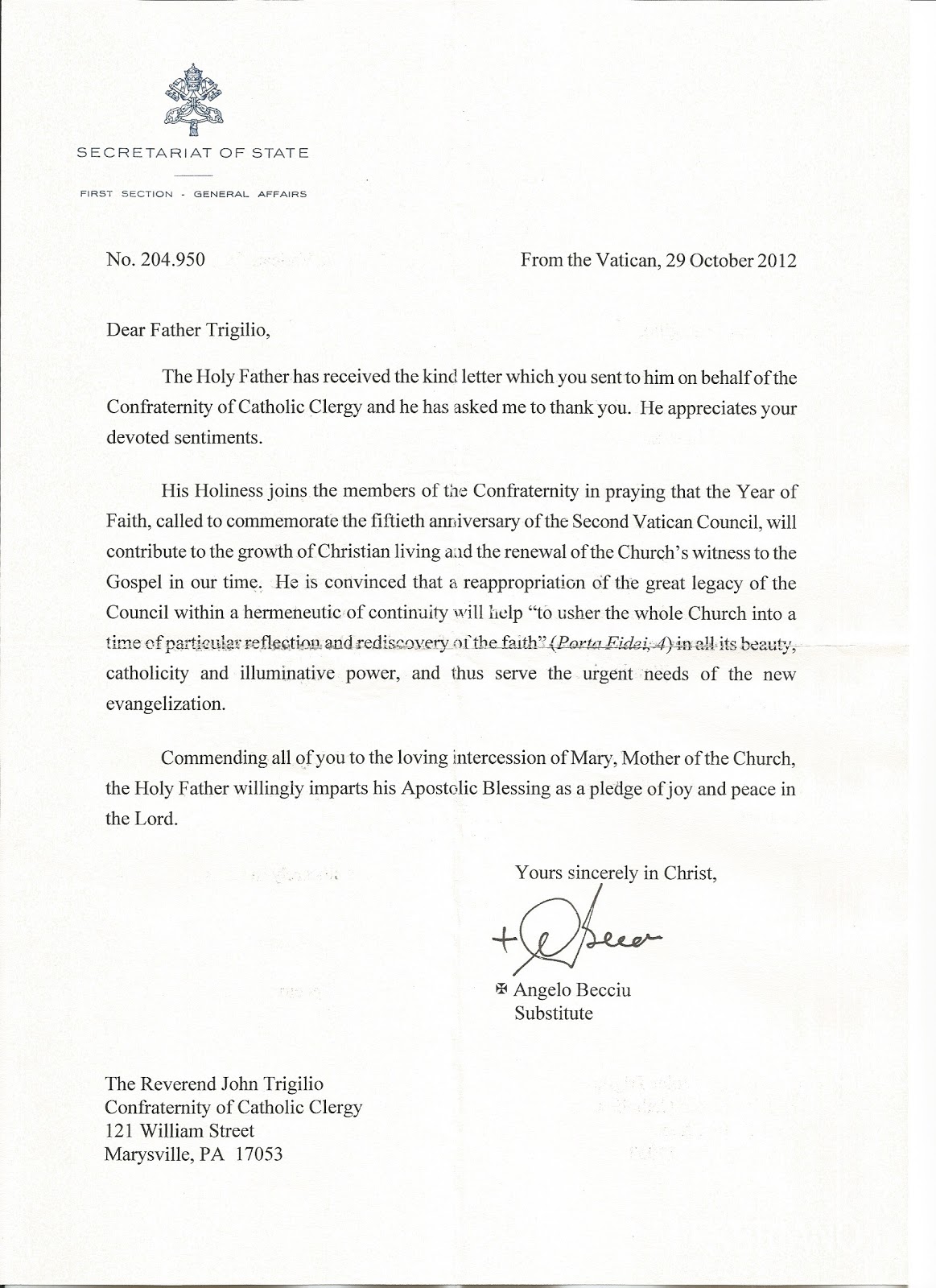 The Black Biretta: Letter from Holy See to the Confraternity of ...