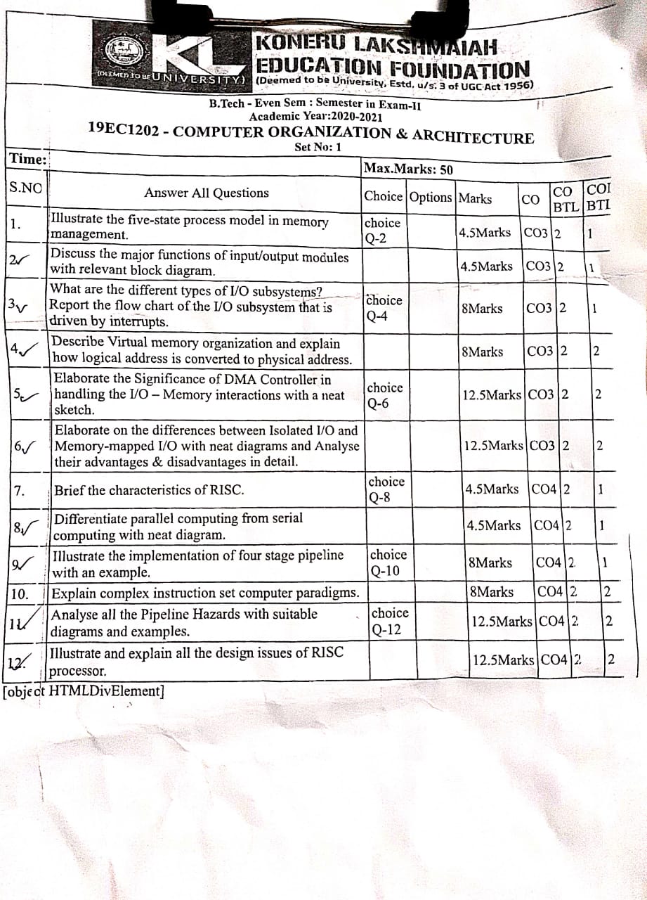K L University Question Papers B.Tech CSE Even Semester 2020-2021