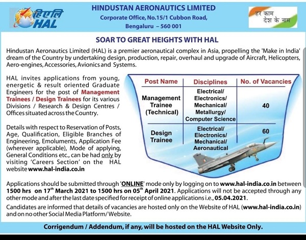 HAL Recruitment 2021 - Apply Online For Management Trainee and Design ...